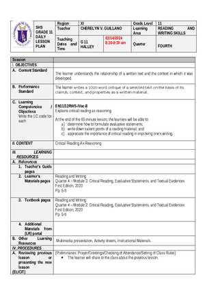 Lesson Plan Elements of Story - GRADE 8 DAILY LESSON PLAN Region XI ...