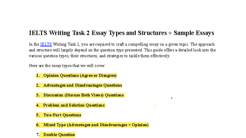 IELTS Writing Task 2: Essay Types, Structures & Sample Essays Guide - Studocu