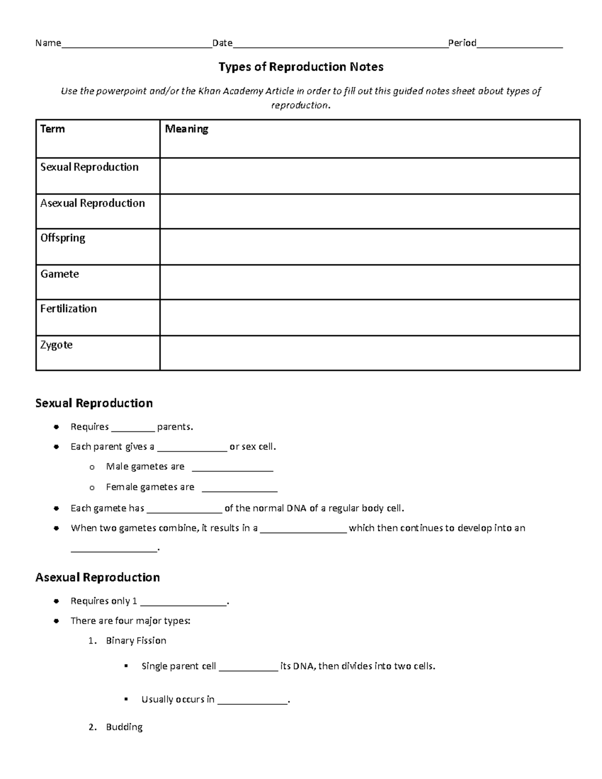 Asexual and Sexual Reproduction Guided Notes - Student Version - Studocu