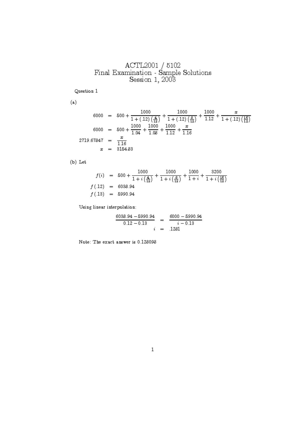 ACTL2001 5102 Final Exam Sample Solutions - Session 1, 2003 - Studocu