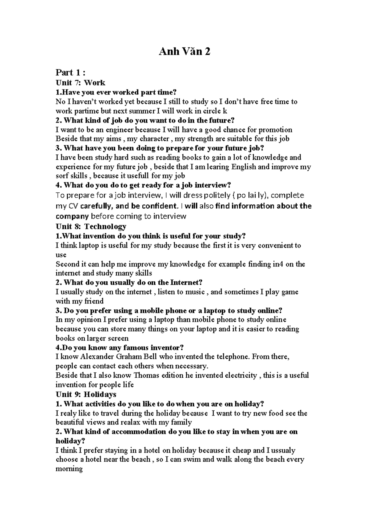 Anh Văn 2 - Unit Summaries and Dialogue Practice - 44344 - Studocu