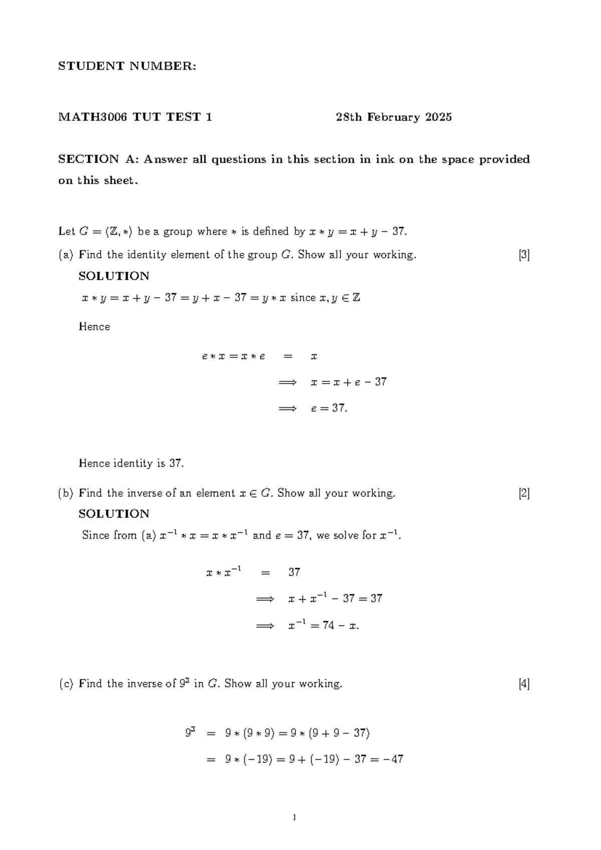Tut-test1 2025memo - tut test 1 memo - STUDENT NUMBER: MATH3006 TUT ...