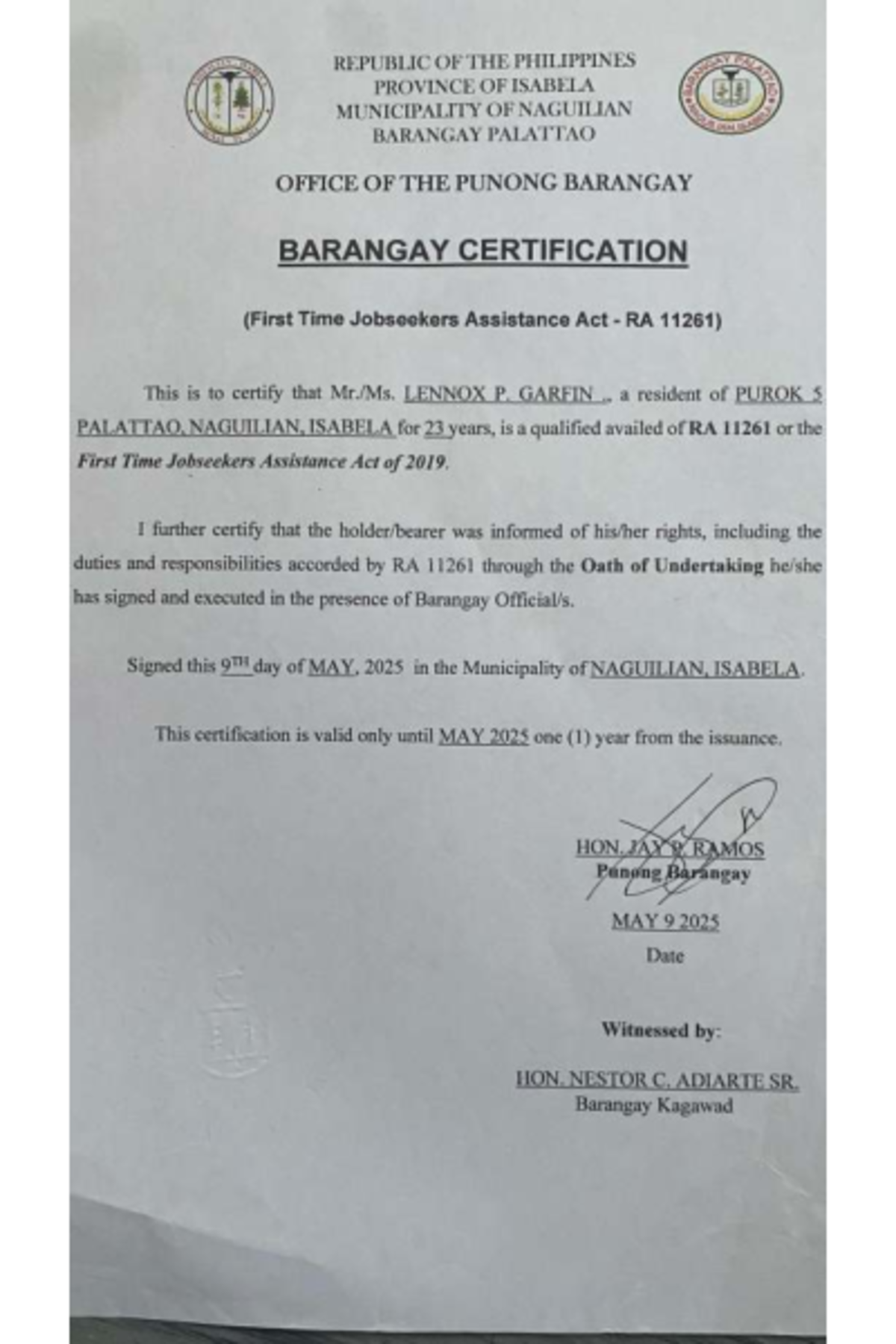 Barangay Certification for First Time Jobseekers (RA 11261) - Studocu