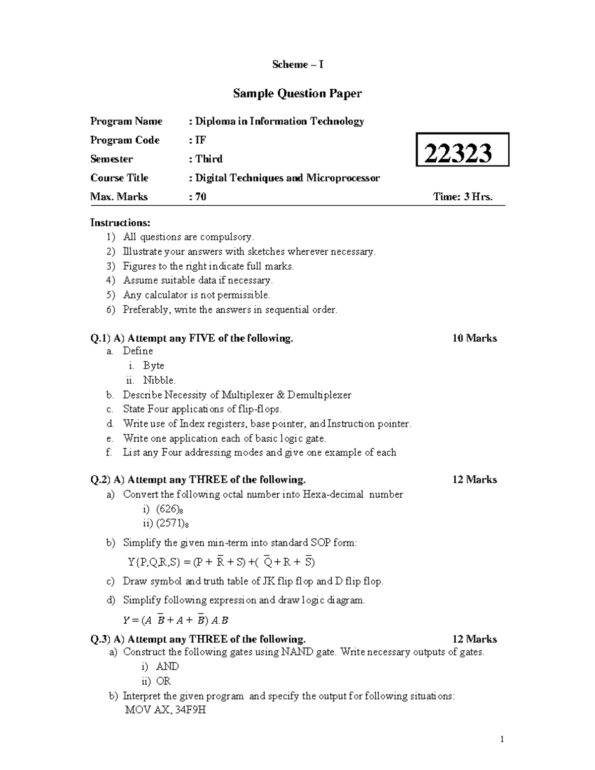 Digital Techniques & Microprocessor Exam Paper - IF - 3rd Semester ...