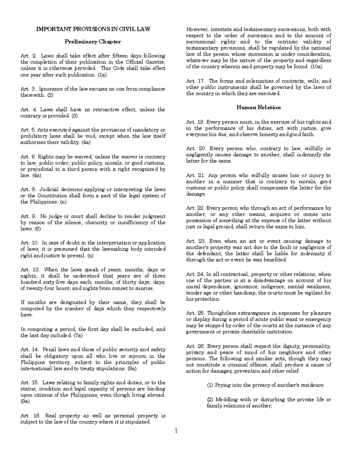Albano 400 Key Provisions in Civil Law Overview - Studocu