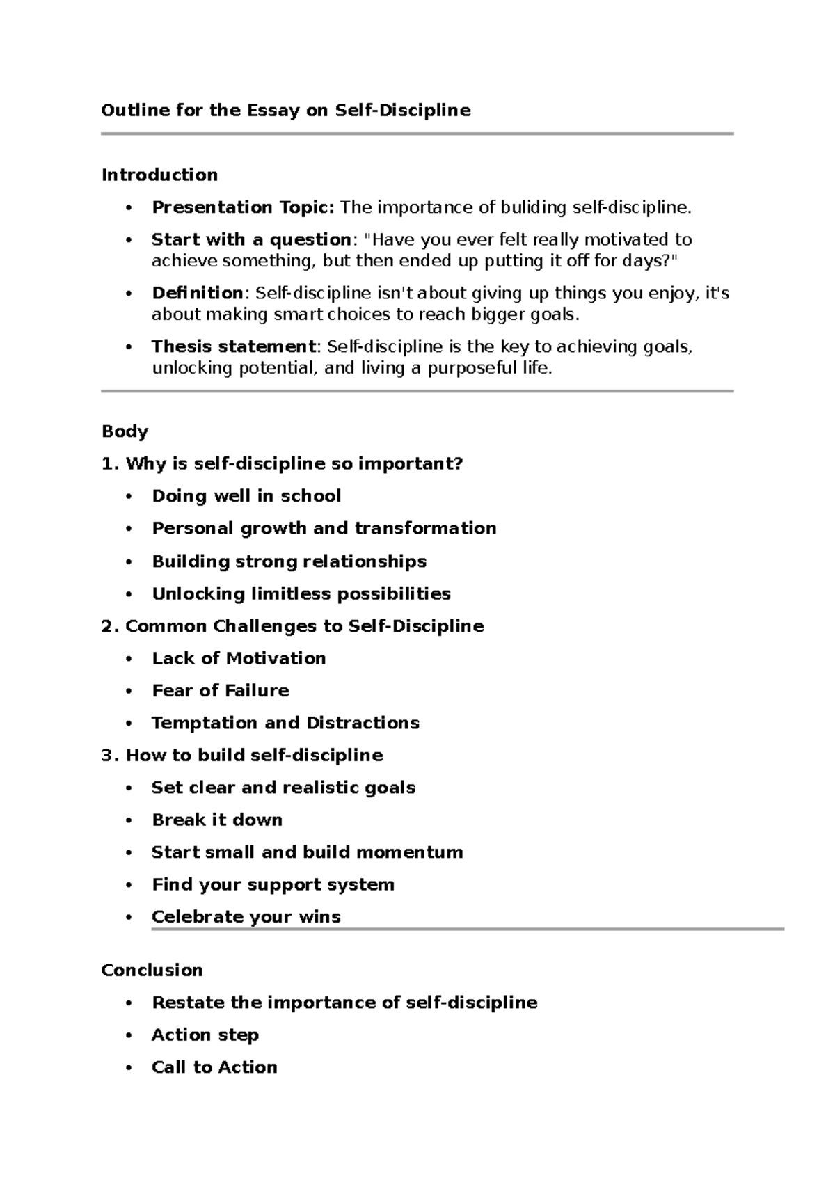 Outline for the Essay on Self-Motivation and Goal Achievement - Studocu