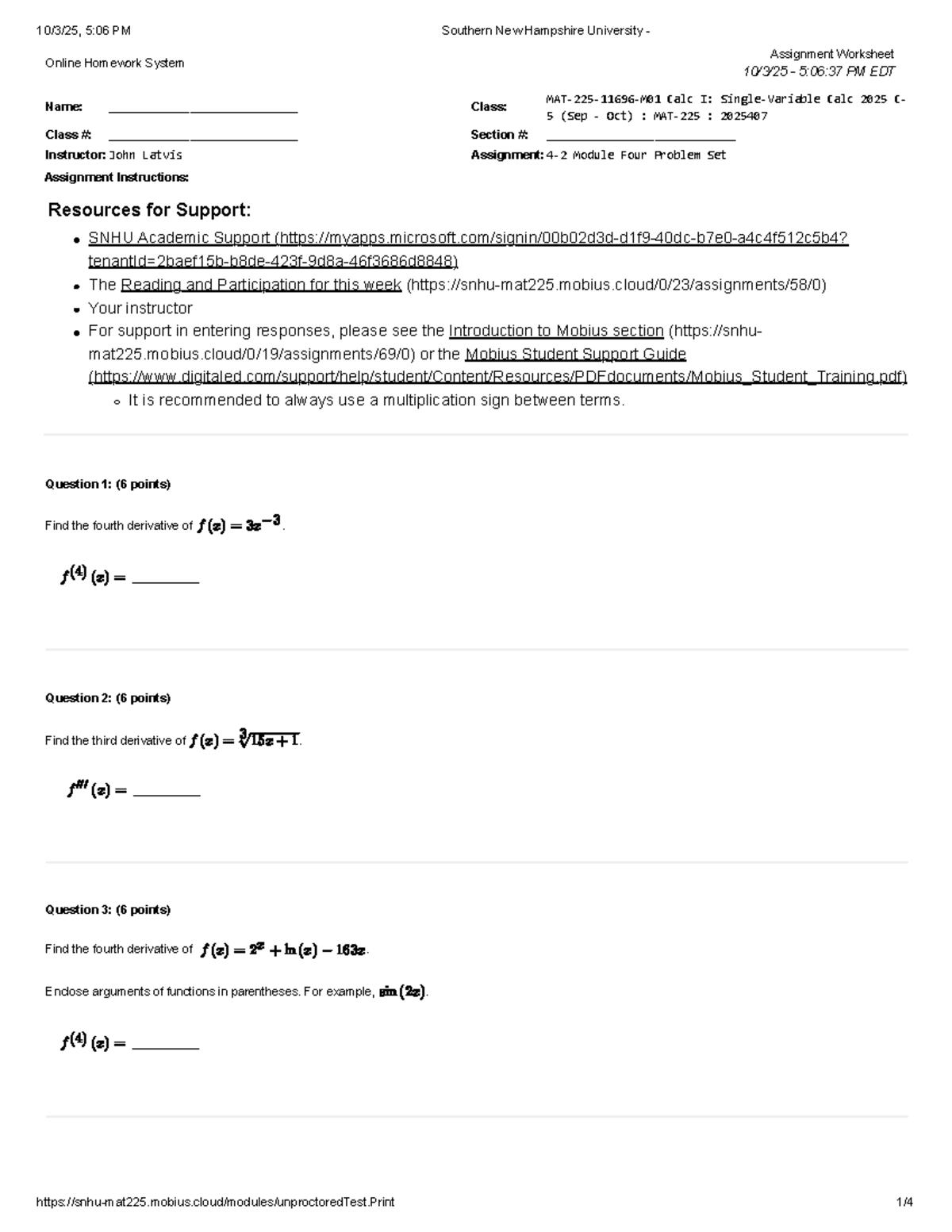 MAT225: Calc I Module 4 Problem Set Assignment - Studocu