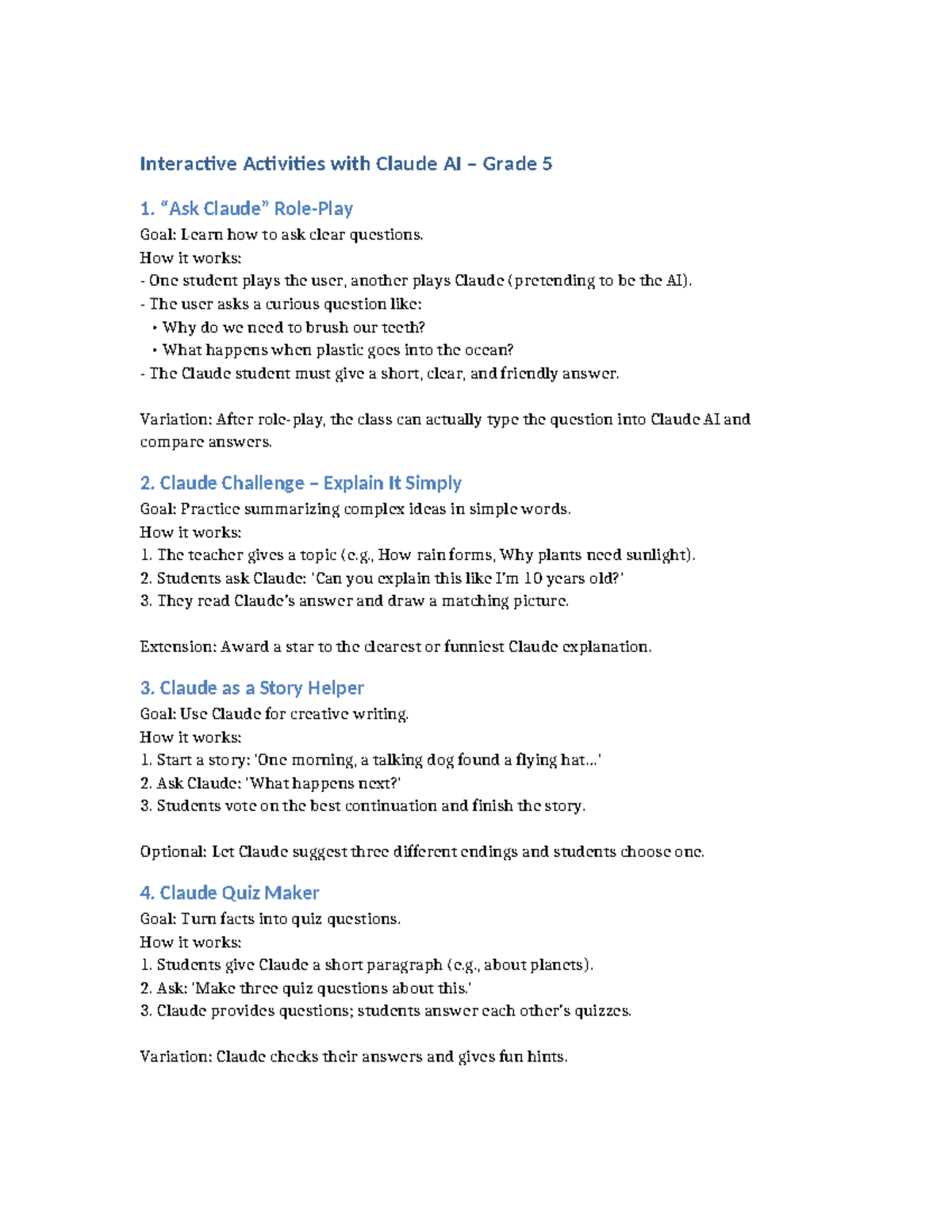 Claude AI Interactive Activities for Grade 5: Engaging Questions & Fun ...