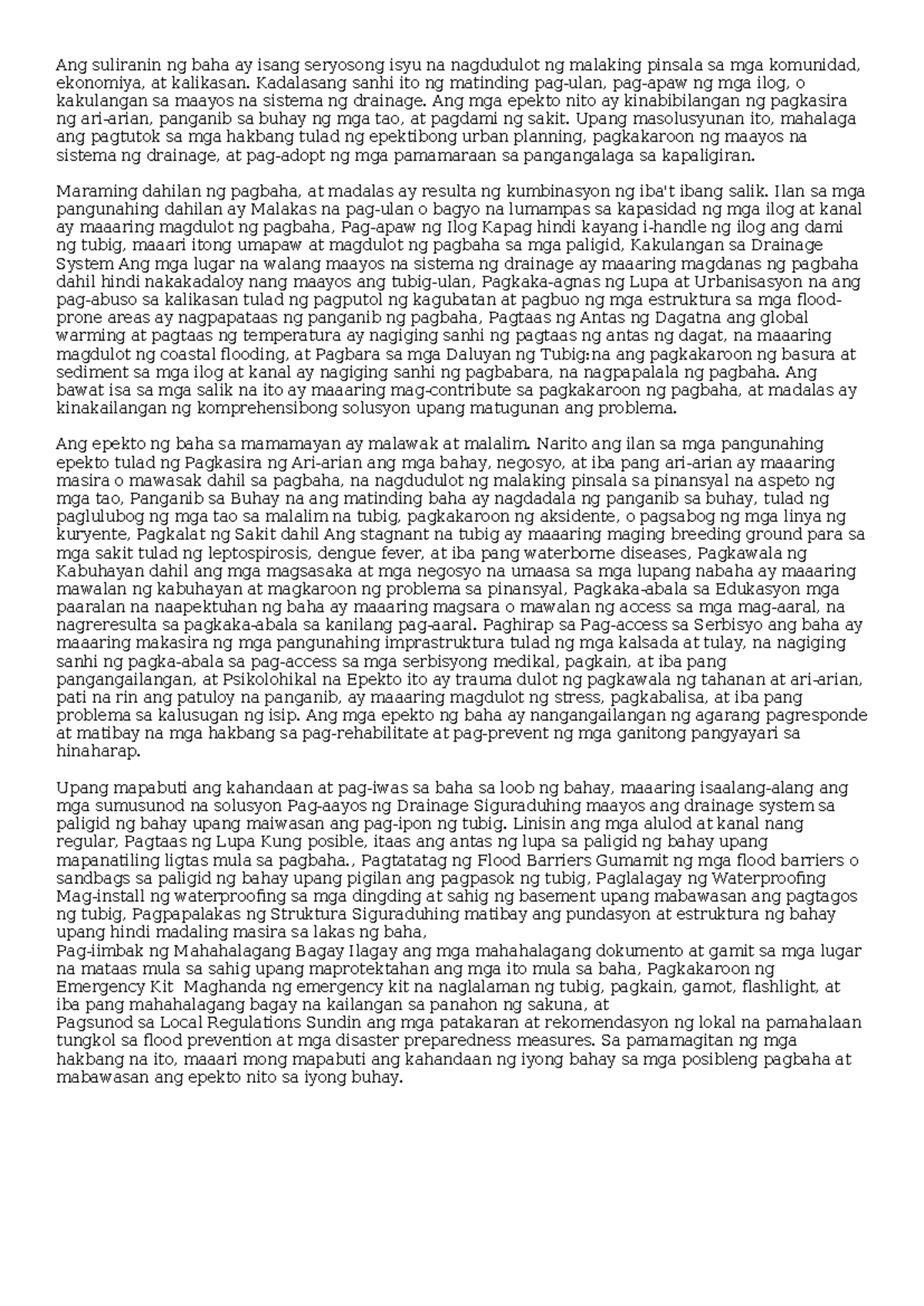 Pag-aaral sa Suliranin ng Baha at Mga Solusyon sa Paghahanda - Studocu