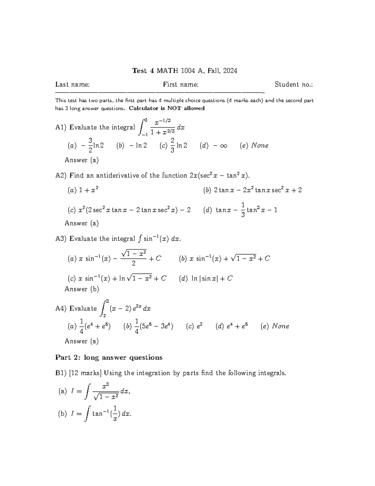 MATH 1004A - Test 4 Solutions with Farzane (Fall 2024) - Studocu