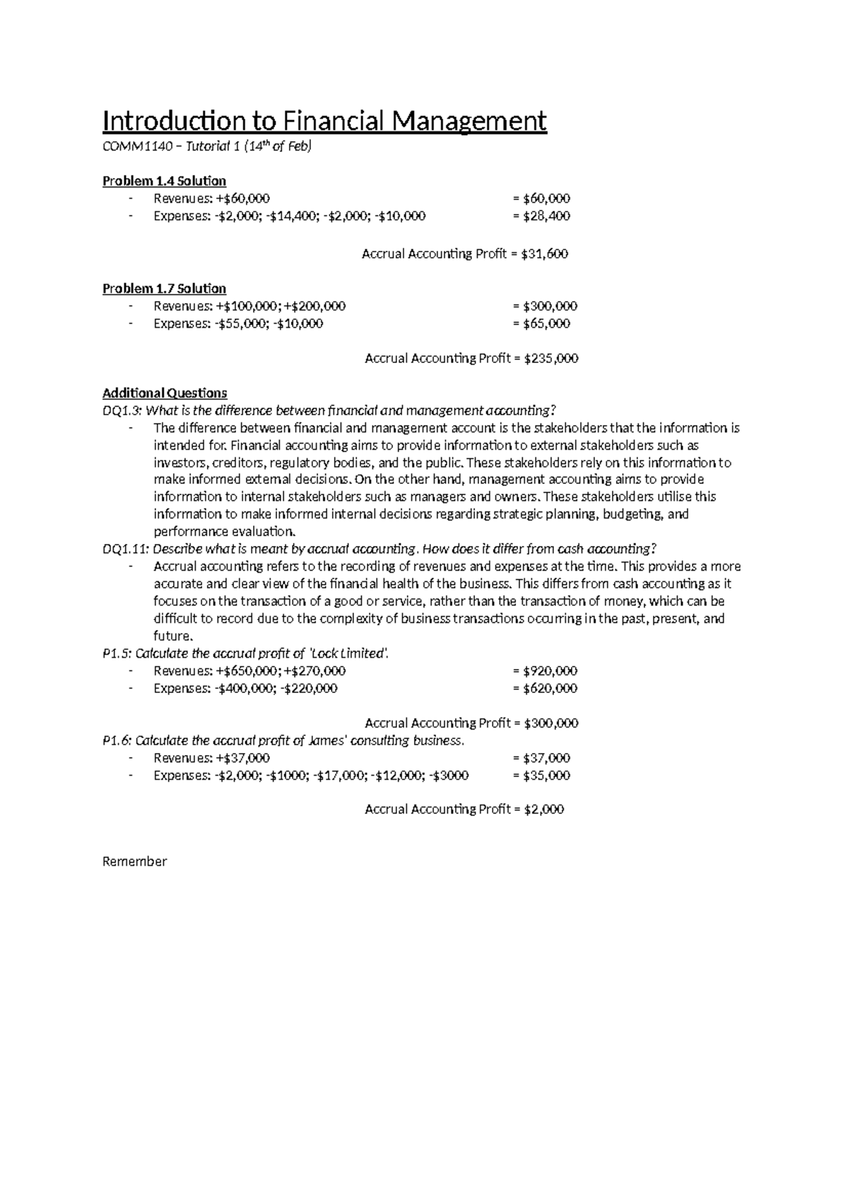 COMM1140 Tutorial 1 Homework - Introduction to Financial Management COMM1140 – Tutorial 1 (14th ...