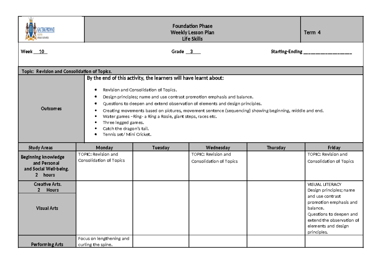 Grade 3 Life Skills Lesson Plan Term 4 Week 10: Revision Activities ...