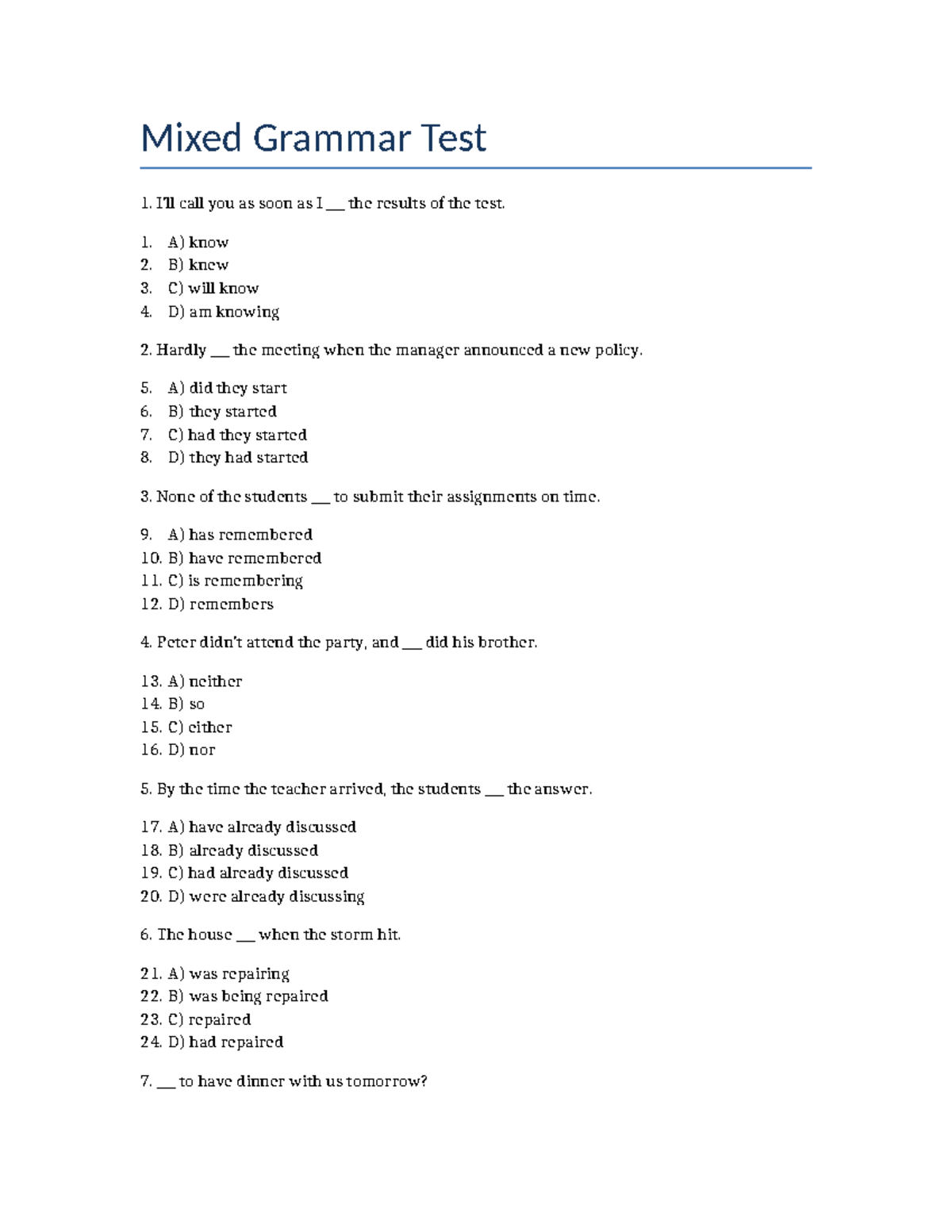 Mixed Grammar Test Formatted - Mixed Grammar Test I’ll call you as soon ...