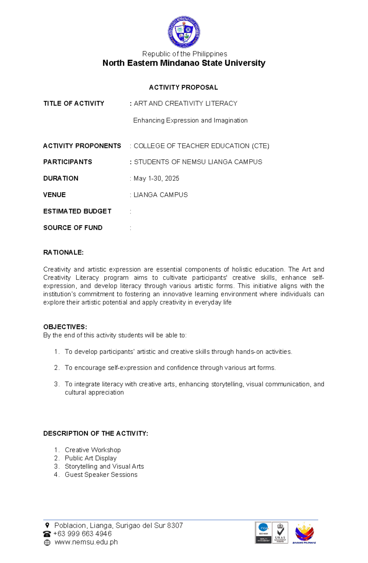 Activity-Proposal - Activity Proposal - Republic of the Philippines ...