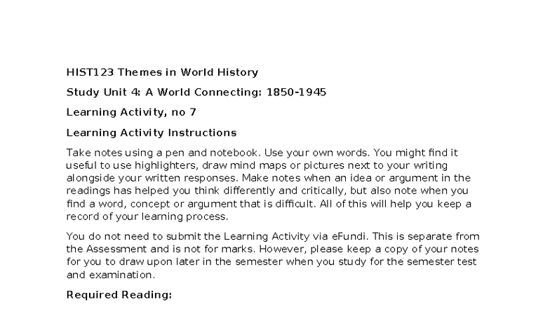 HIST123 Themes in World History: Unit 4 Learning Activity 7 Notes - Studocu
