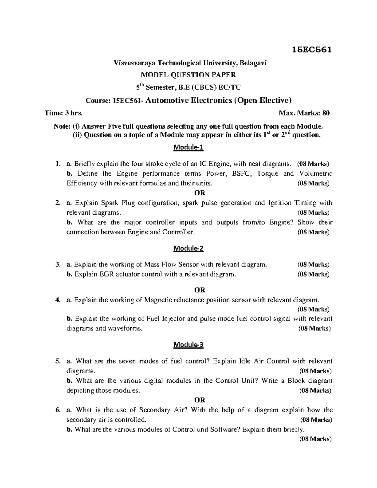15EC561 Model Question Paper: Automotive Electronics 5th Sem - Studocu