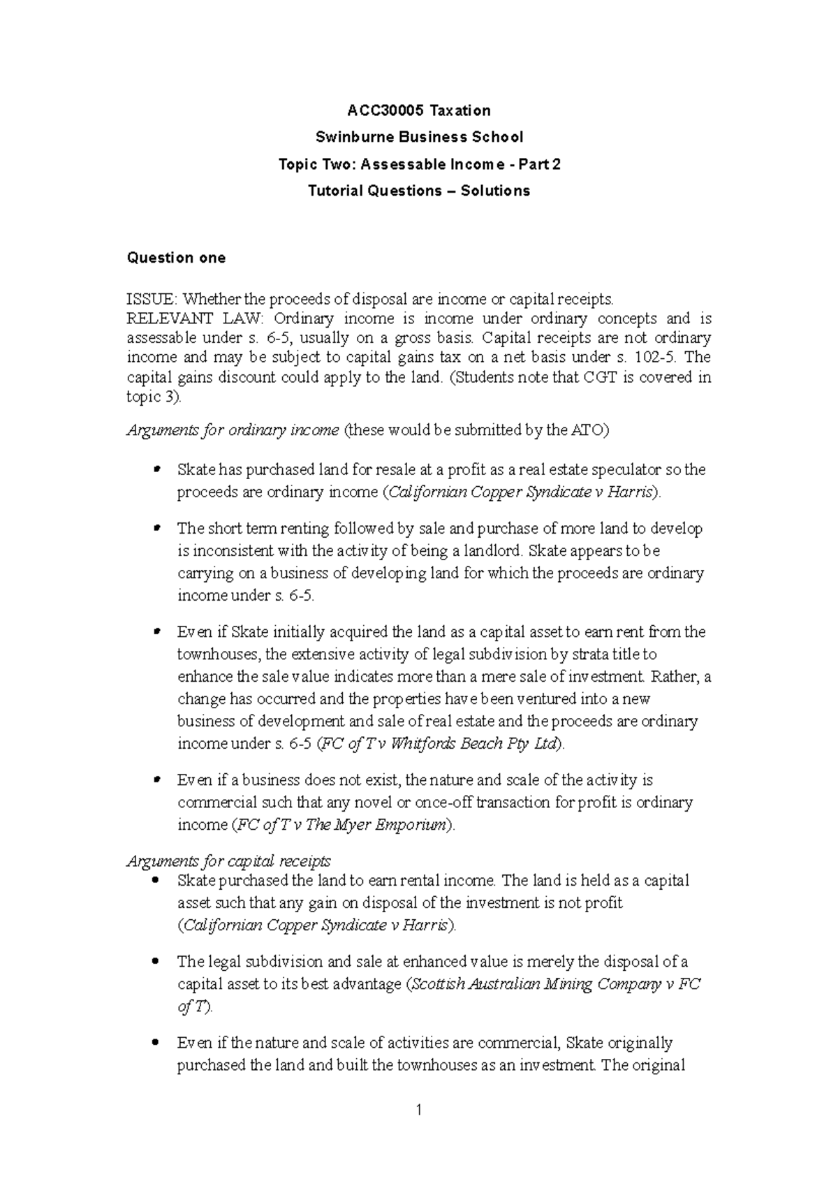 ACC30005 Tutorial Solutions: Assessable Income - Part 2 Analysis - Studocu