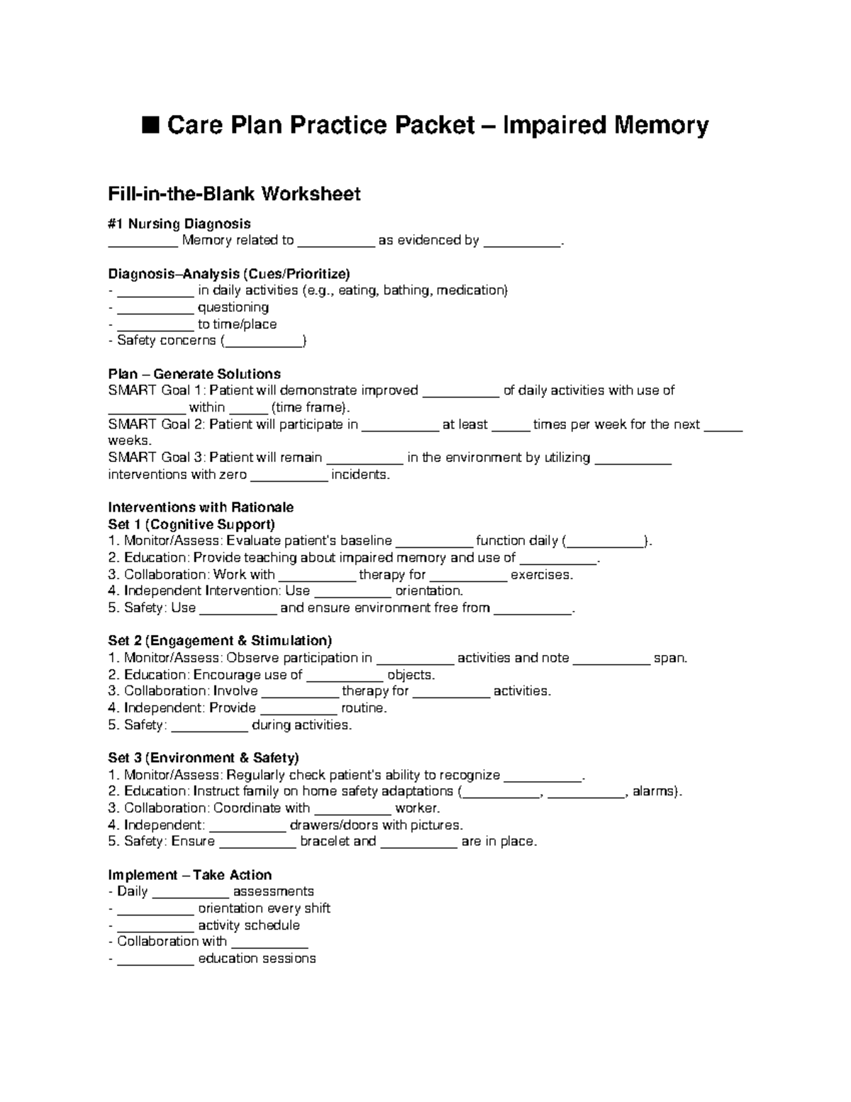 Care Plan Packet for Impaired Memory: Strategies & SMART Goals - Studocu