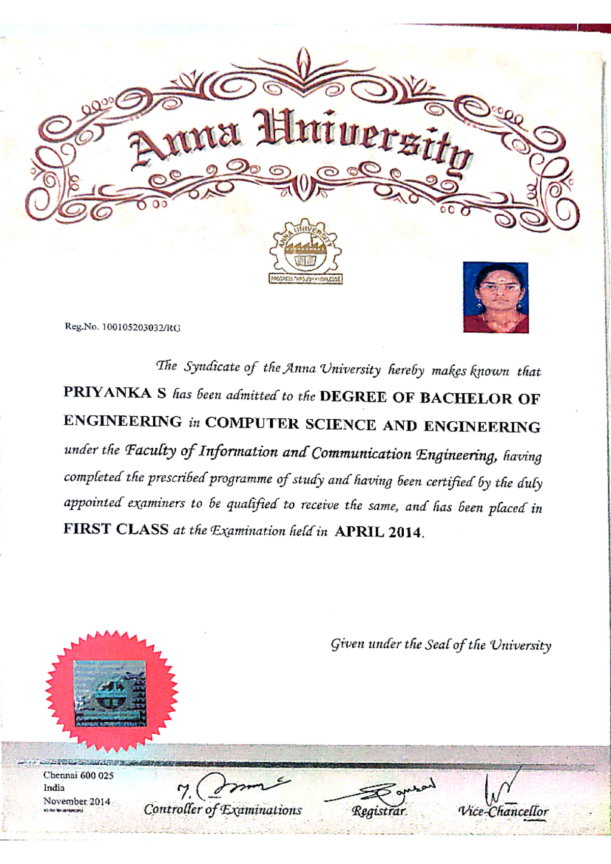 Anna University BE Degree Certificate - Computer Science Engineering ...
