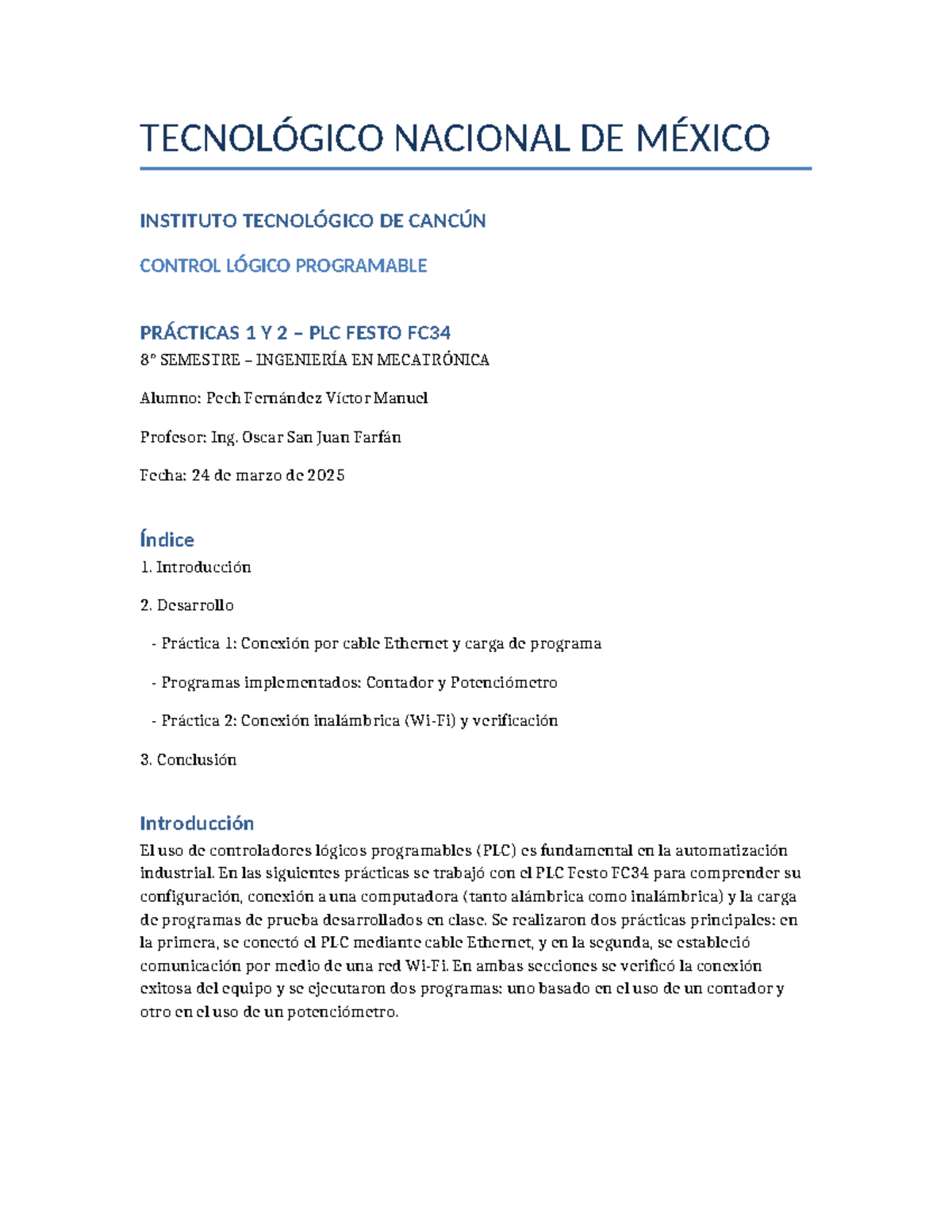 Informe de Prácticas 1 y 2 de PLC Festo FC34 - Ingeniería en ...