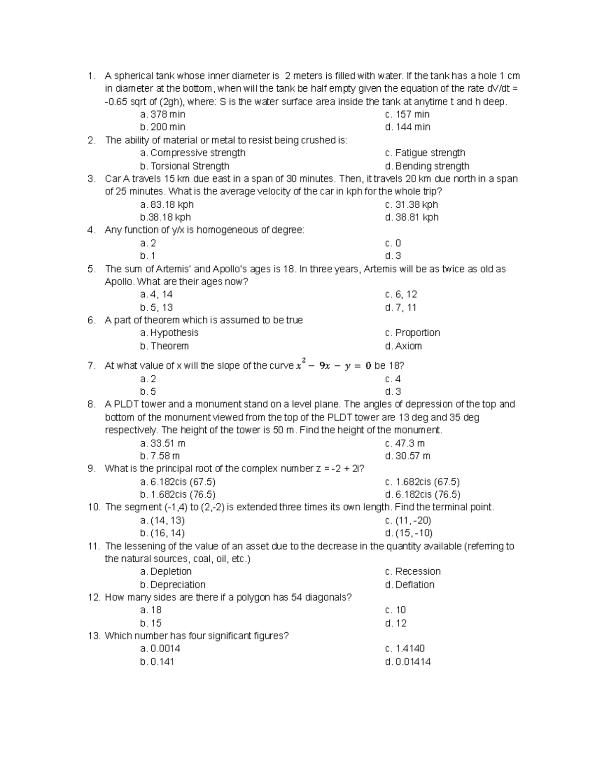 Engineering Math - Final Exam Practice Questions and Solutions - Studocu