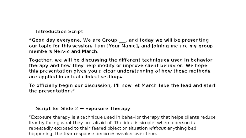 Behavior Therapy Techniques Presentation Script - Studocu