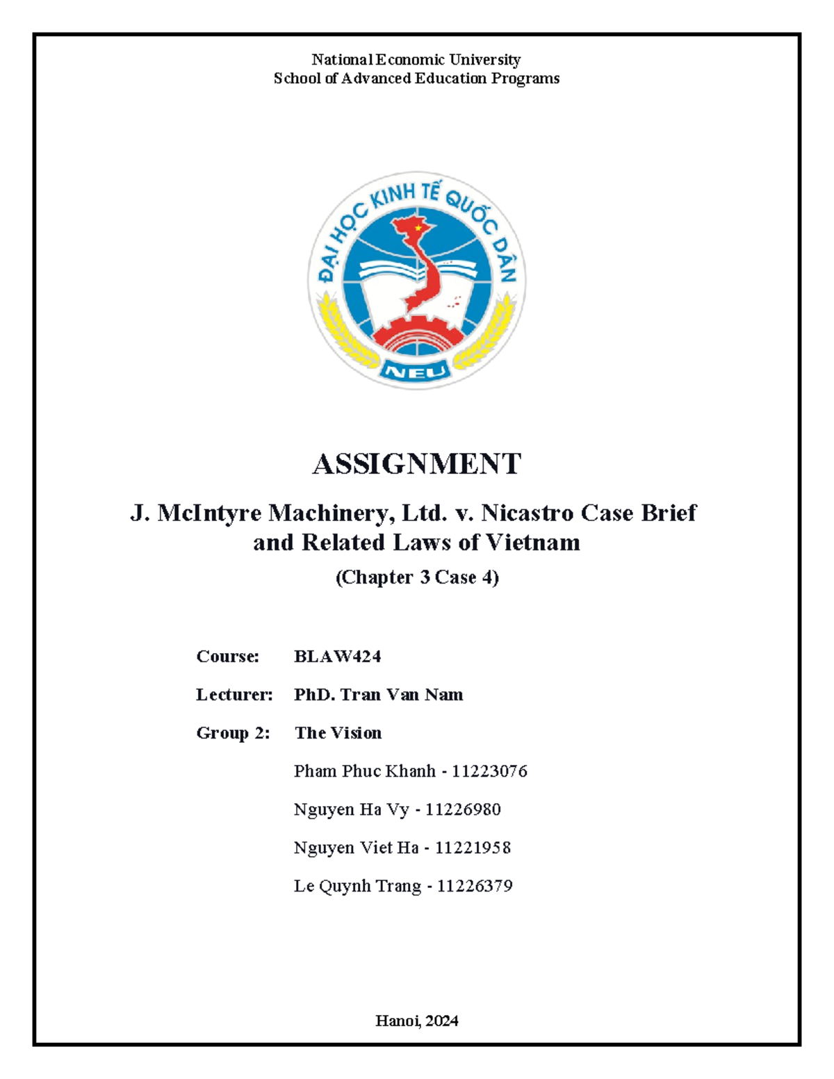 BLAW424 Report 2 - hjvkhlhjguk - National Economic University School of ...