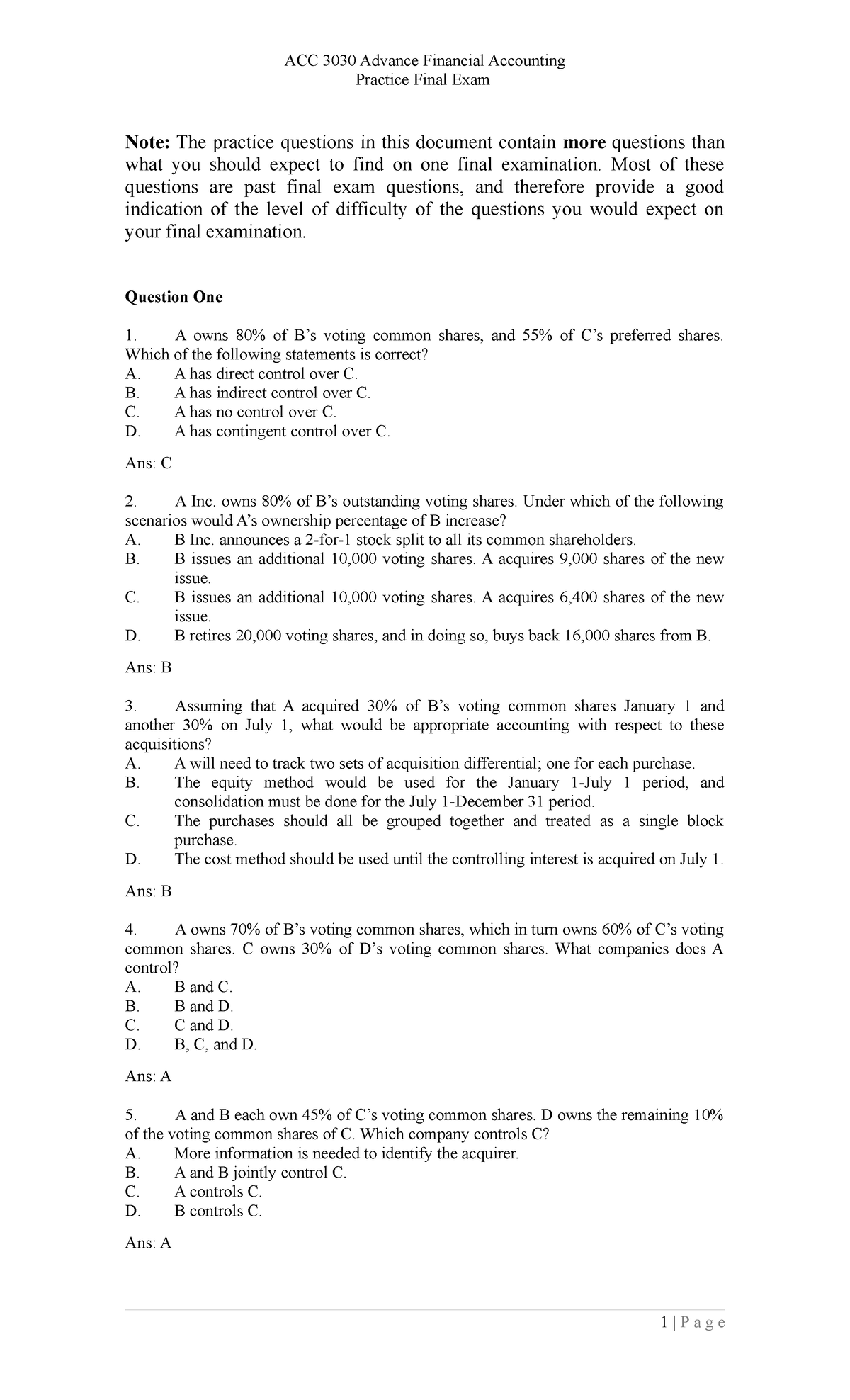 ACC3030 Practice Final Exam w Solution - Practice Final Exam Note: The ...