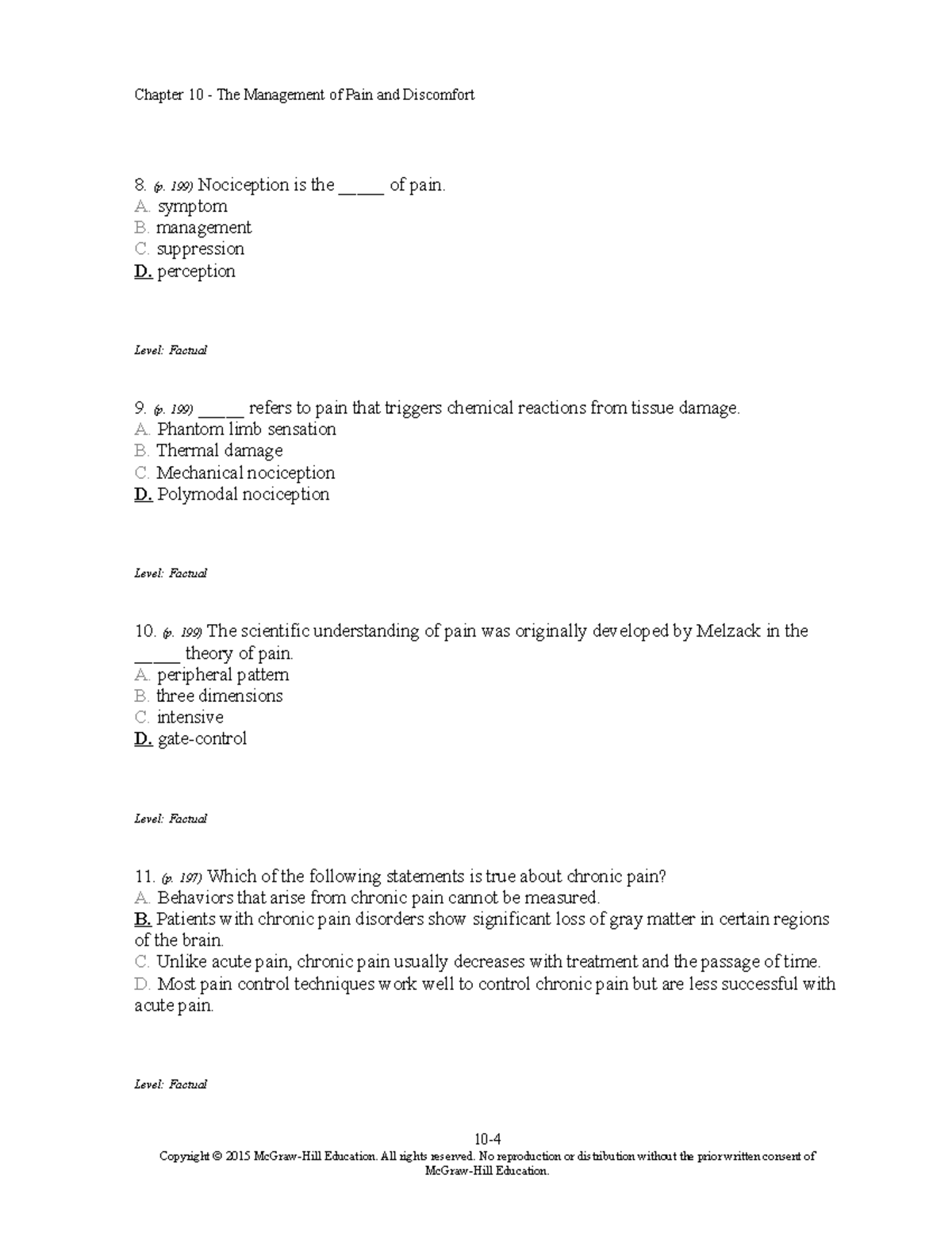 Chapter 10: Management of Pain and Discomfort - Health Psych Test Bank ...