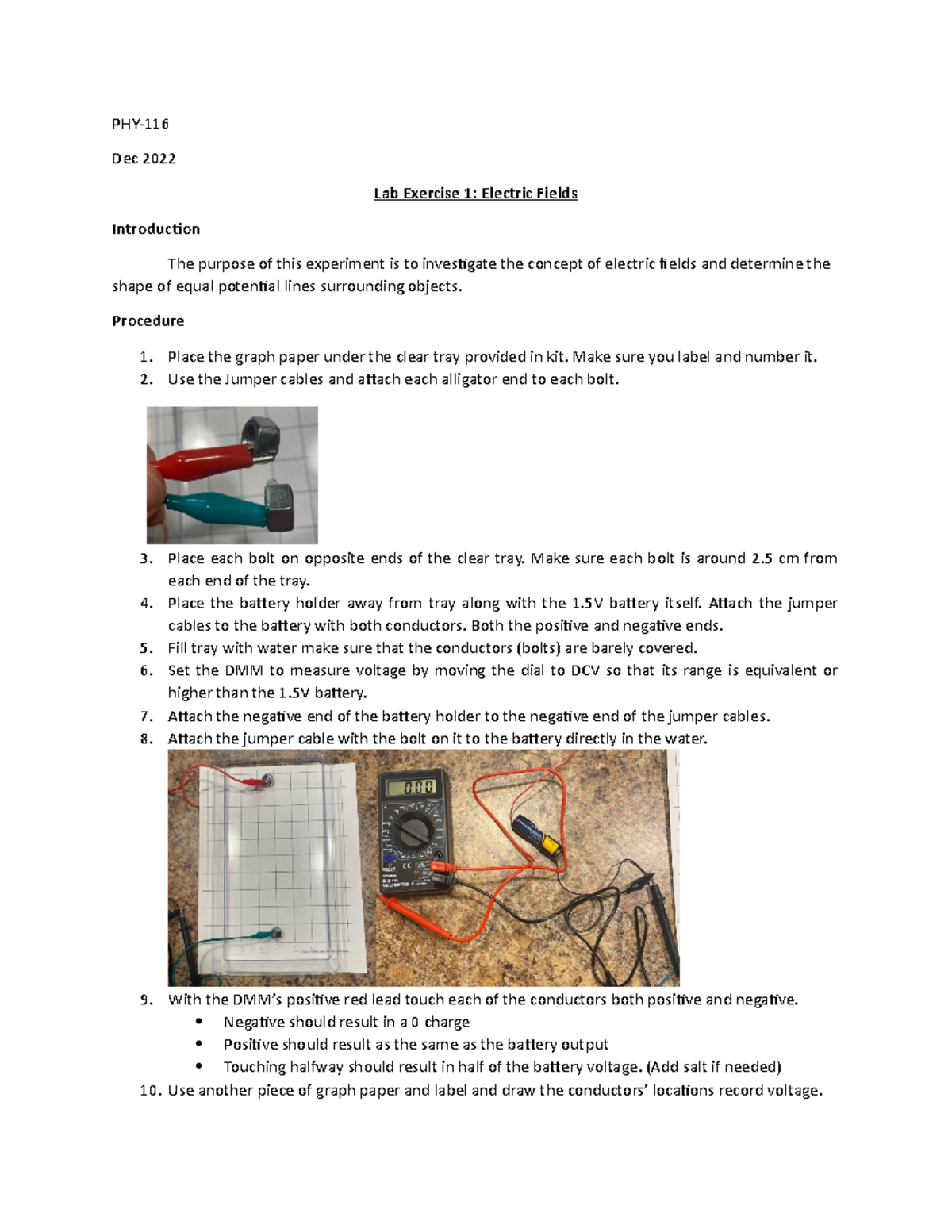 Lab Exercise 1: Investigating Electric Fields - PHY Dec 2022 - Studocu