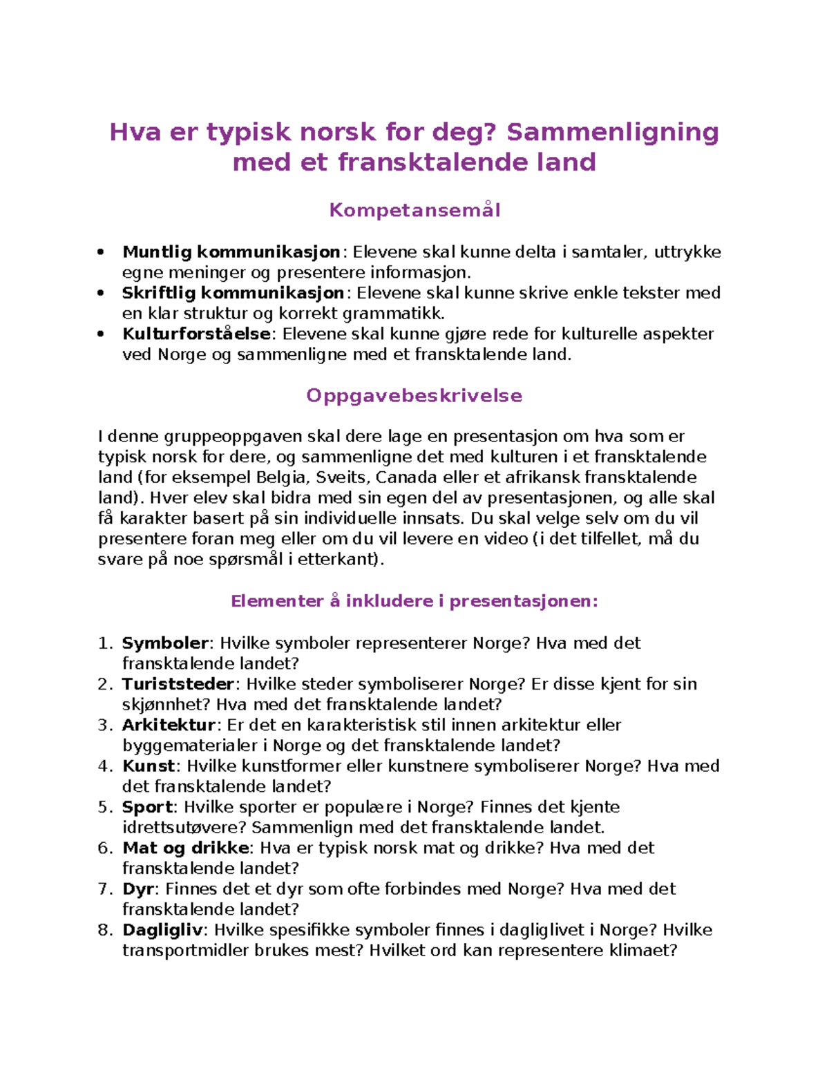 Typisk norsk vs. fransk kultur: Presentasjon for Muntlig kommunikasjon - Studocu