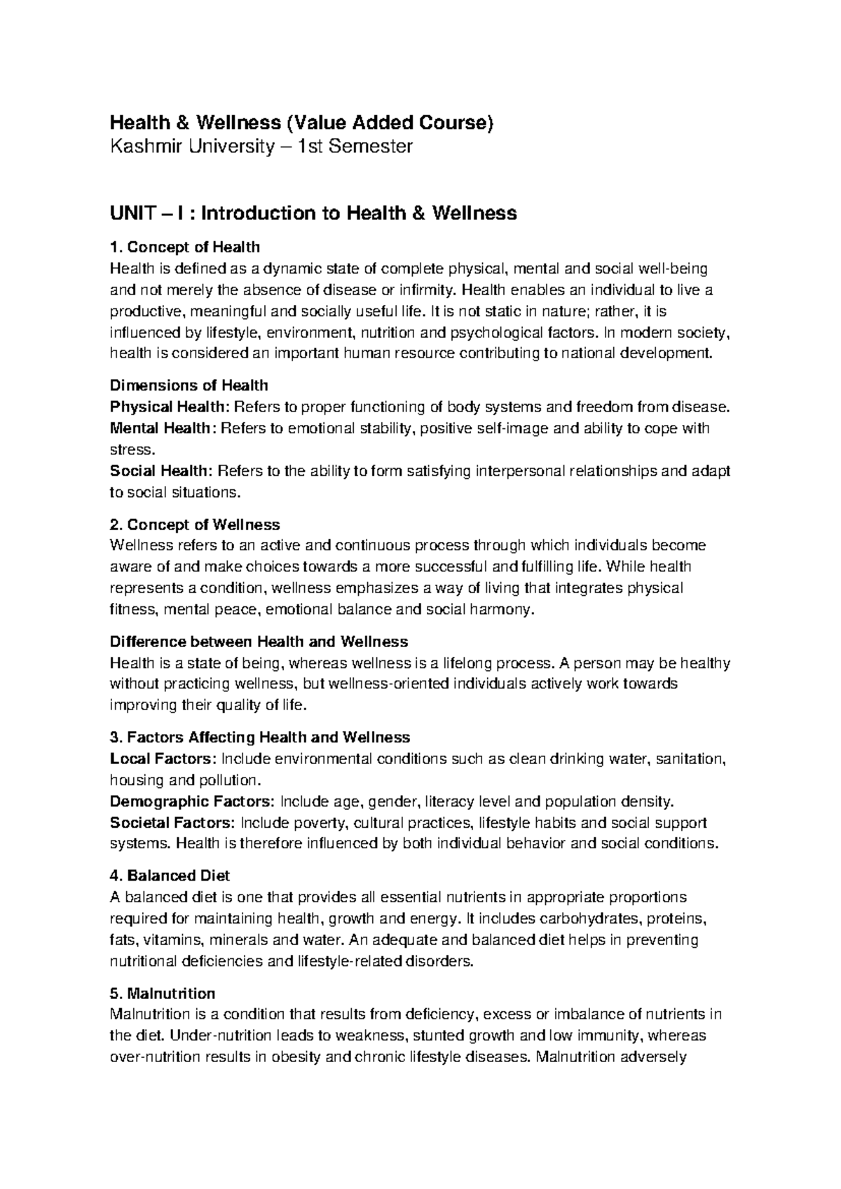 KU Health and Wellness 1st Sem Unit I: Intro to Health & Wellness - Studocu