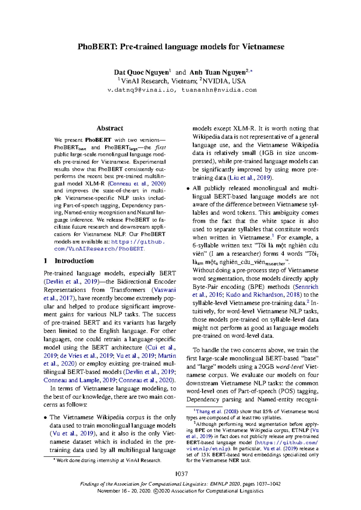 PhoBERT: Monolingual Language Models for Vietnamese NLP Tasks - Studocu