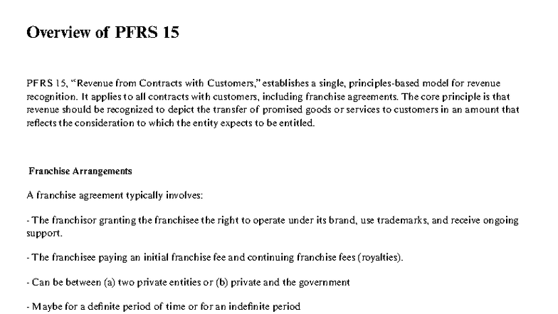 Franchise Accounting Overview: PFRS 15 Revenue Recognition - Studocu