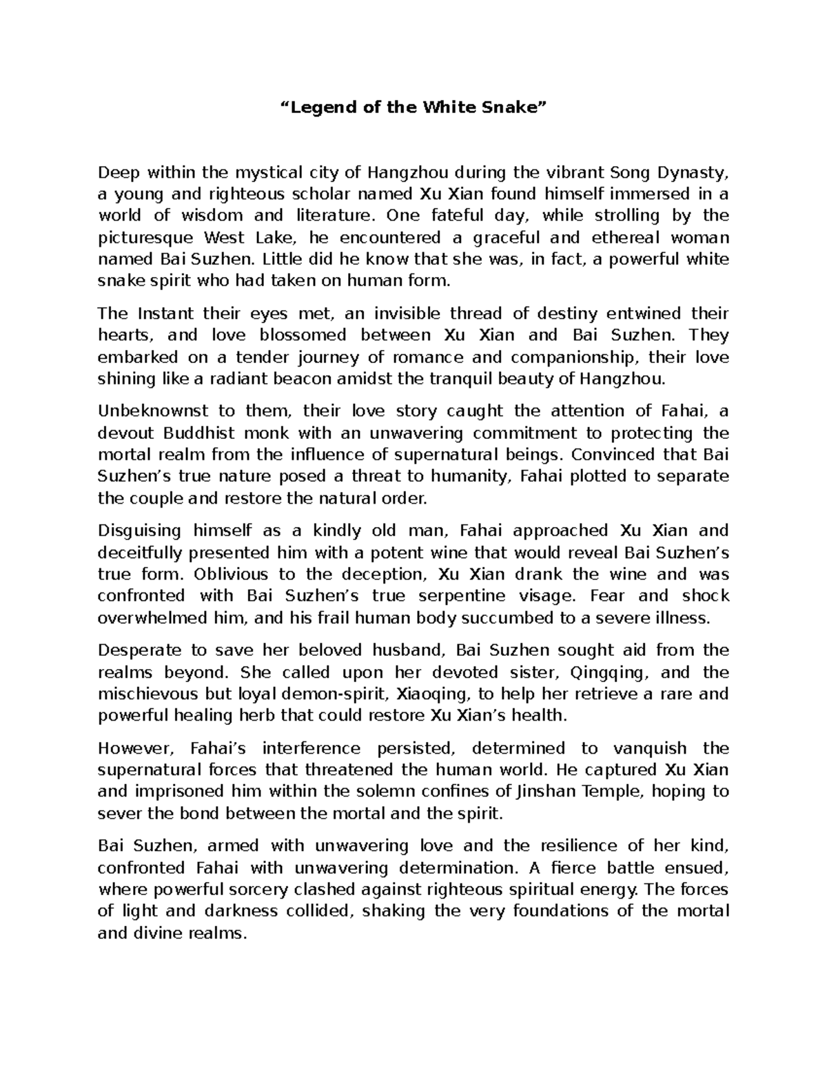 THE Legend OF THE White Snake: A Tale of Love and Destiny - Studocu