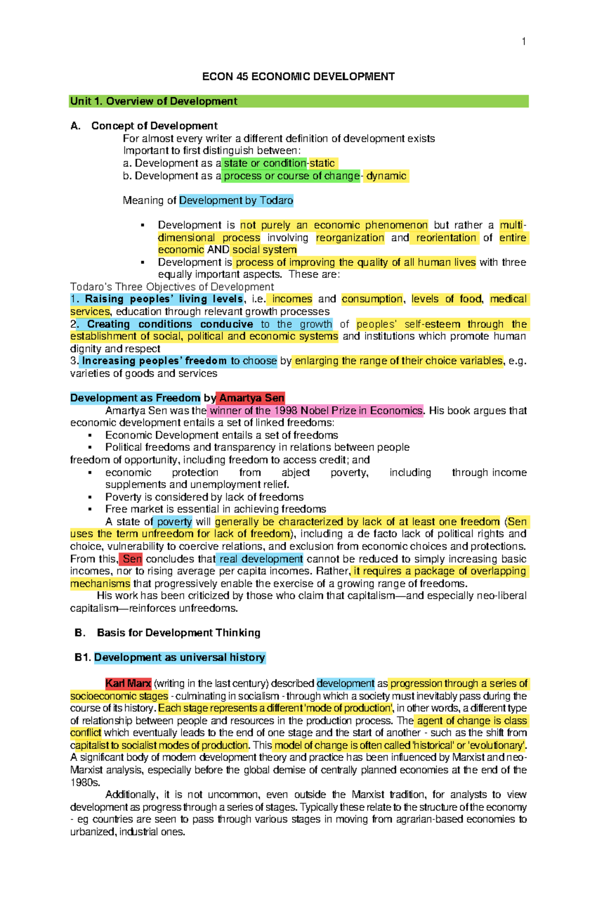 AA UNIT-1-HAND-OUT-1 - Unit 1 Hand out - ECON 45 ECONOMIC DEVELOPMENT ...