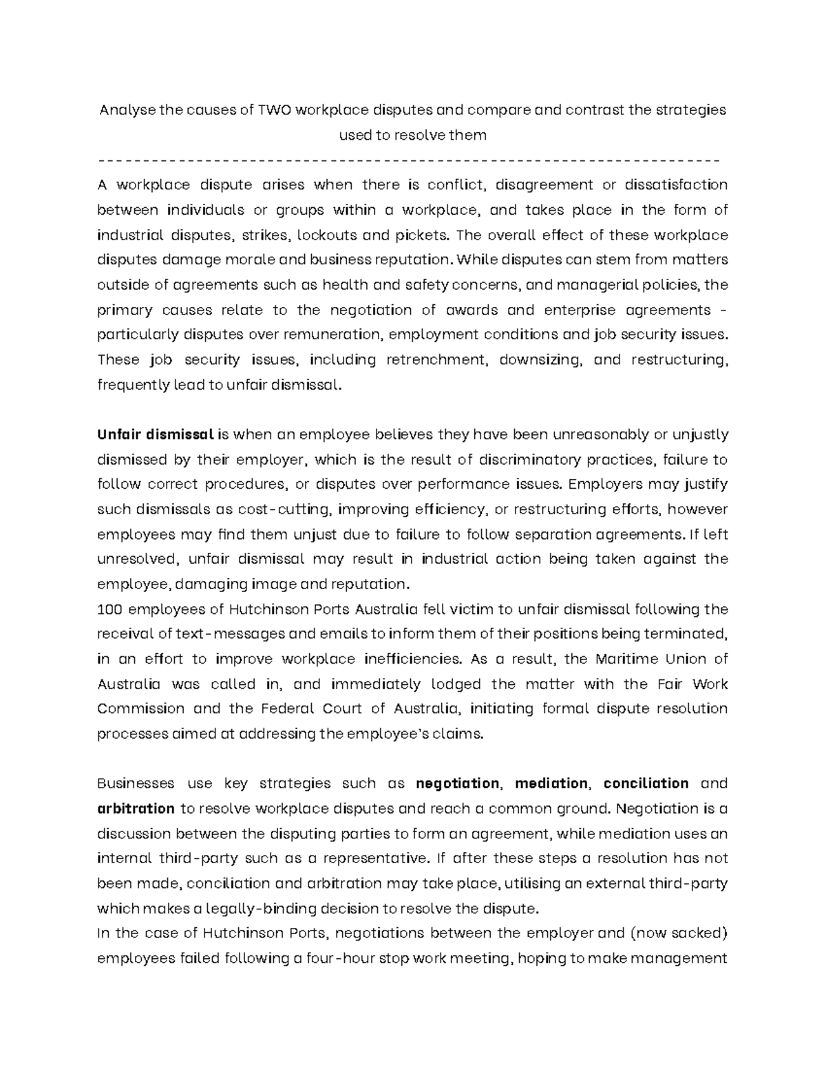 HR Extended Response: Analyzing Workplace Disputes & Resolution ...