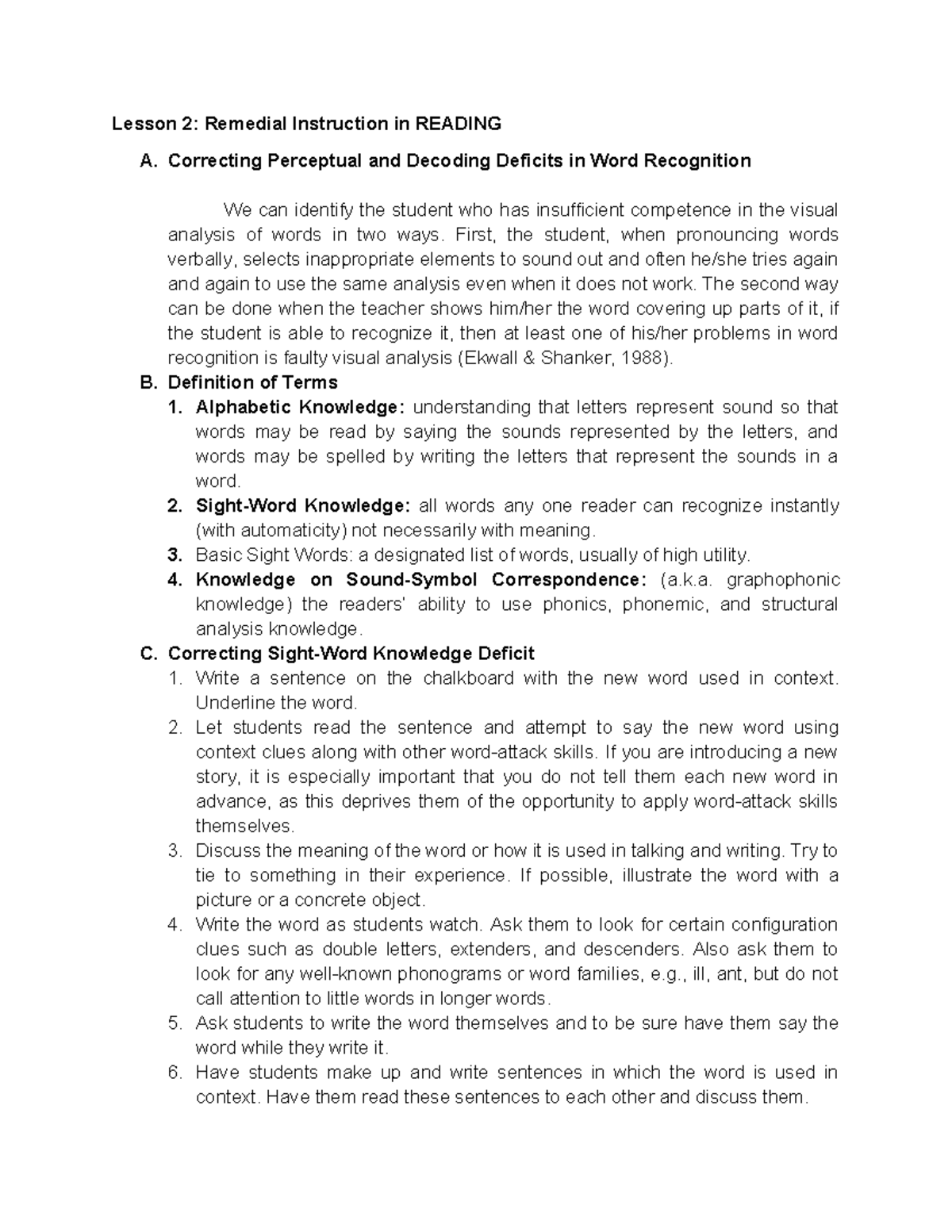 REMEDIAL INSTRUCTION IN READING - LECTURE NOTES - Studocu