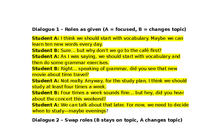 Dialogue 1 & 2 - Intermedio 12: Topic Changes in Study Plans - Studocu