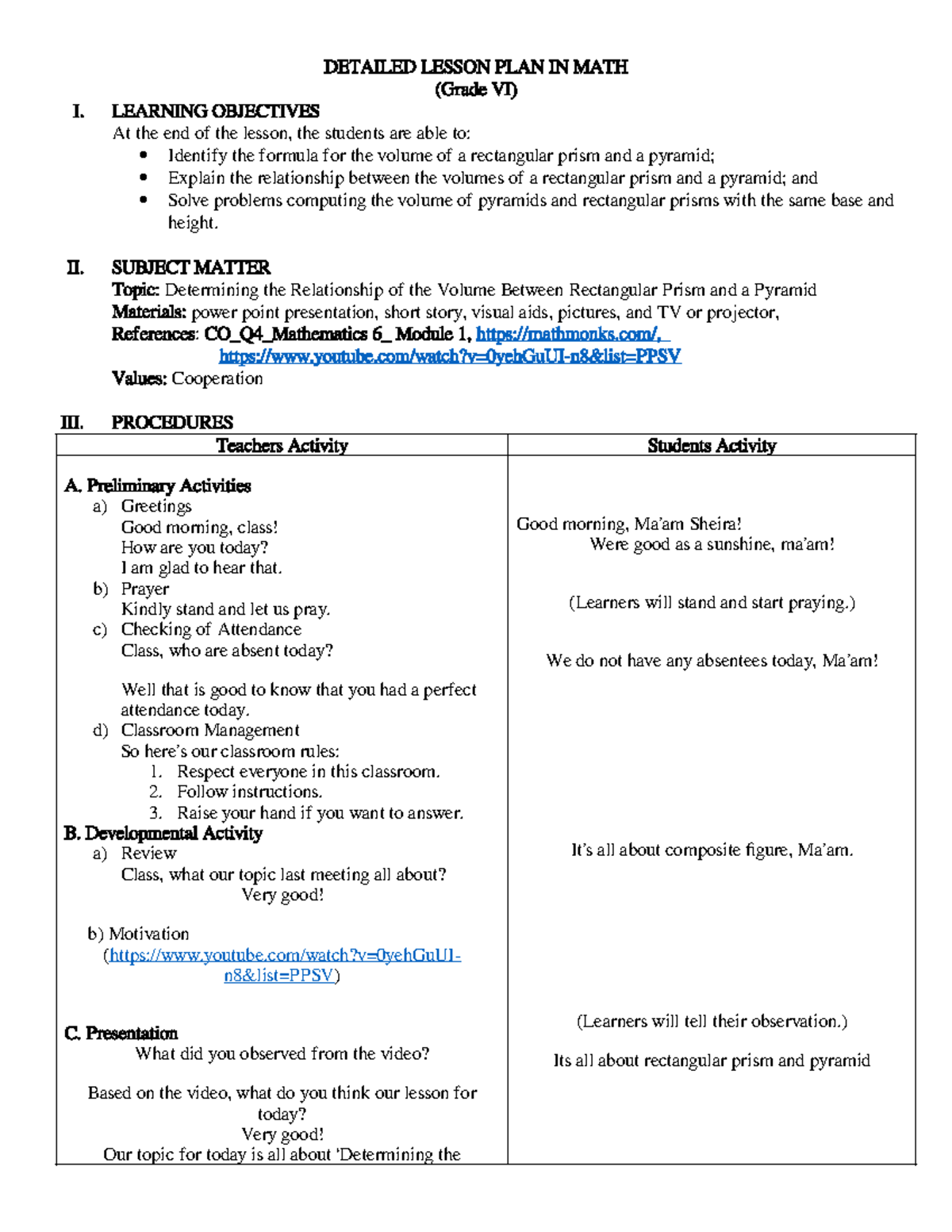 Sheira Mae T. Broniola - Math 6 Detailed Lesson Plan on Volume - Studocu