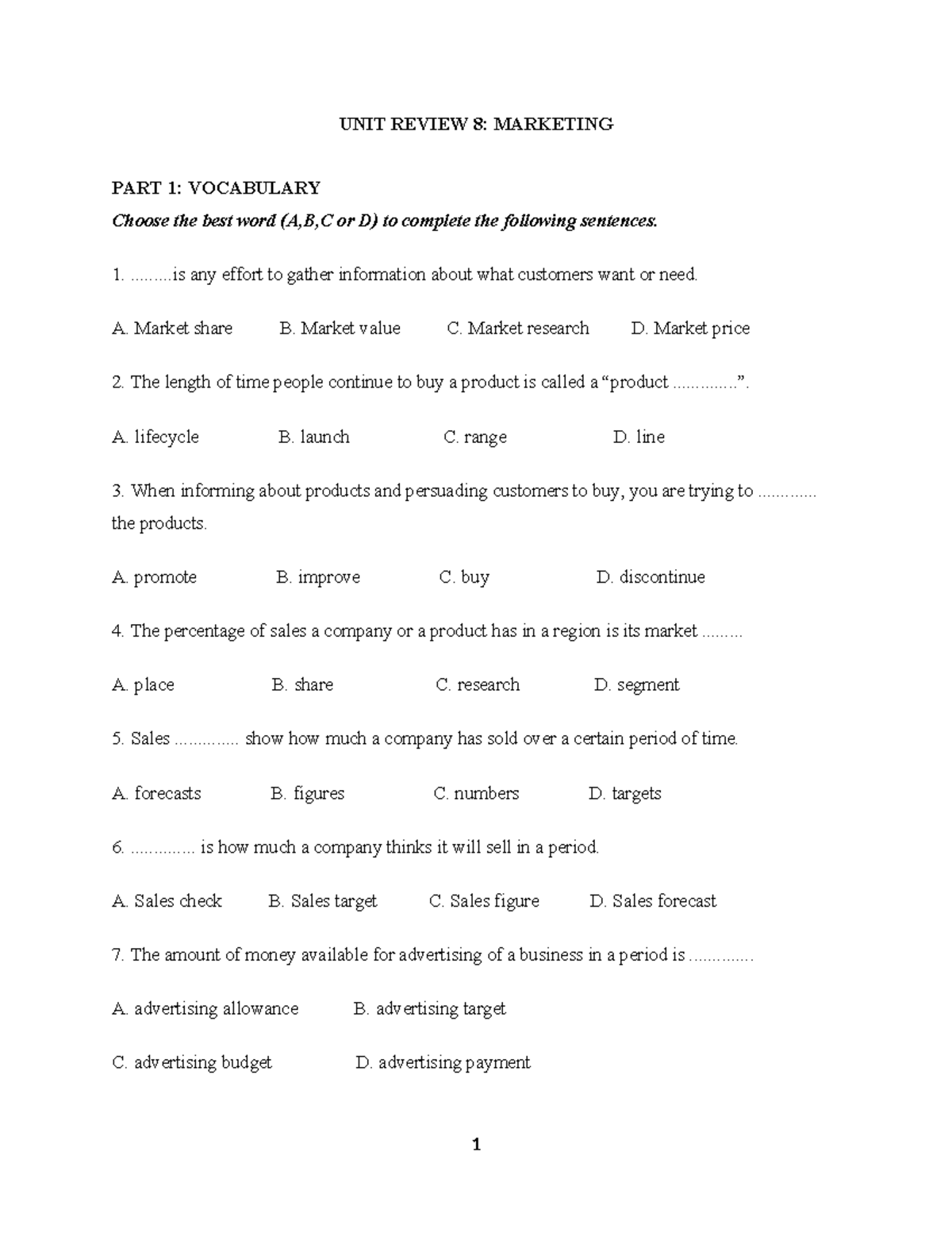UNIT Review 8-T - 111 - UNIT REVIEW 8: MARKETING PART 1: VOCABULARY ...