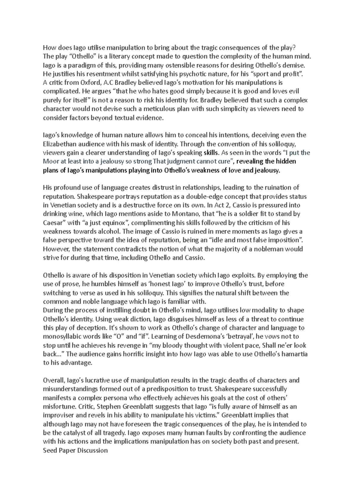 ENG2001 Essay Notes: Iago's Manipulation in Shakespeare's Othello - Studocu