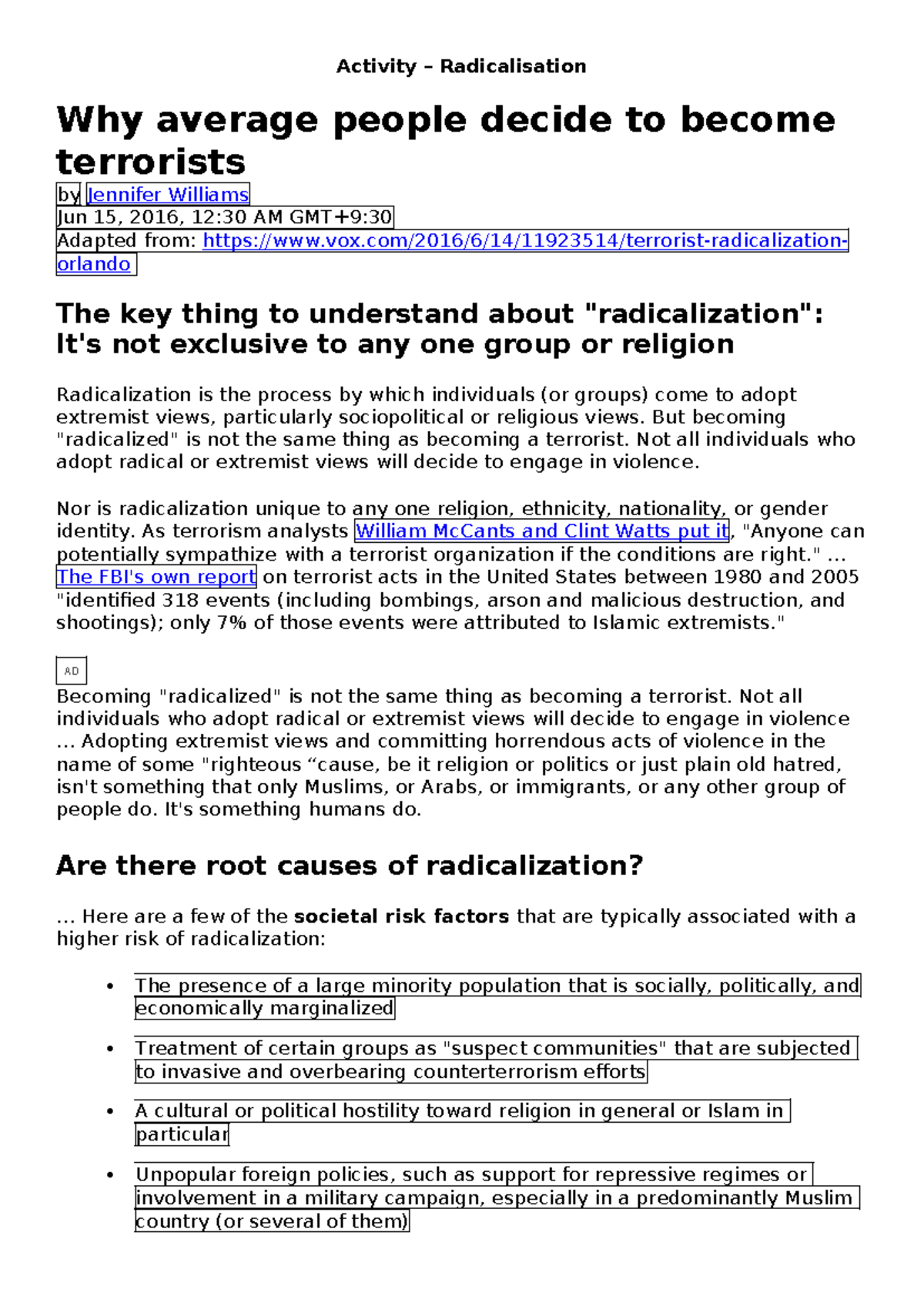 Activity - Radicalisation: Understanding the Path to Terrorism - Studocu