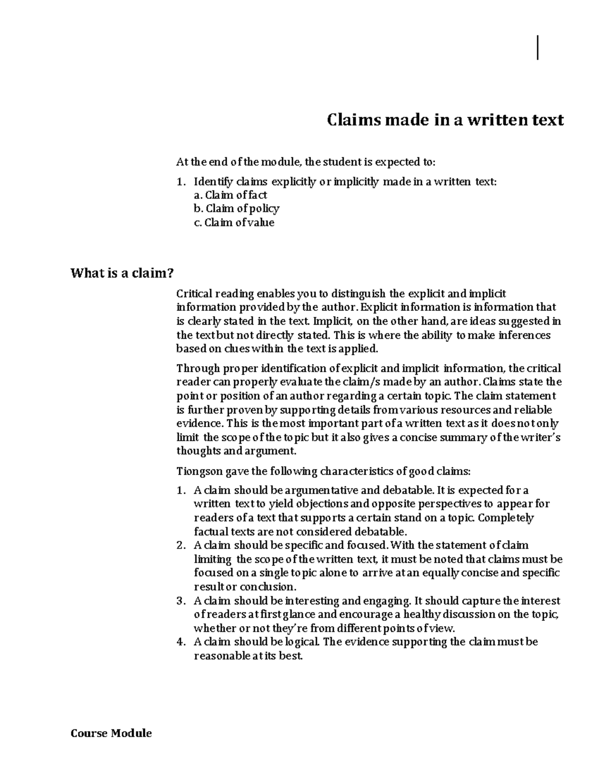 Claims in reading and writing: understanding types and characteristics ...