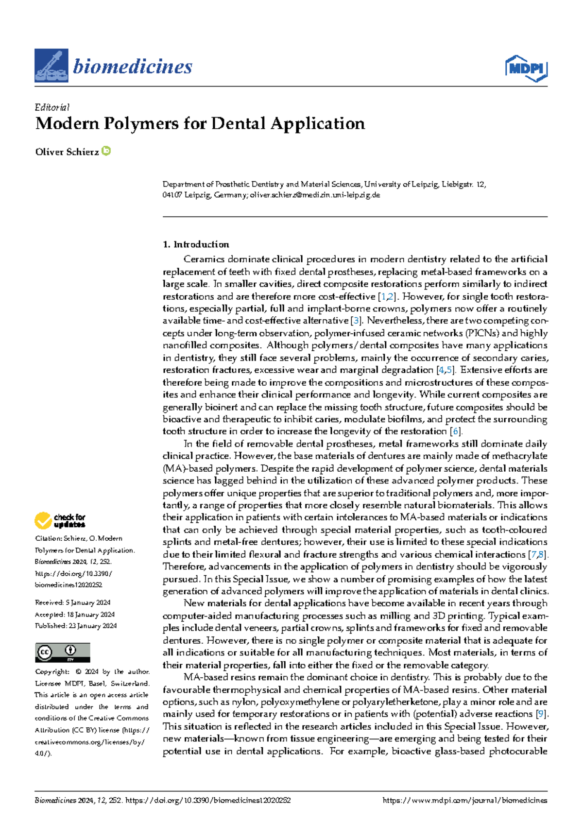 Biomedicines 2024: Modern Polymers in Dental Applications - Studocu