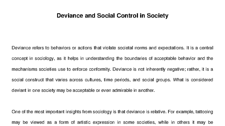 Sociology 101: Deviance & Social Control Essay Notes - Studocu