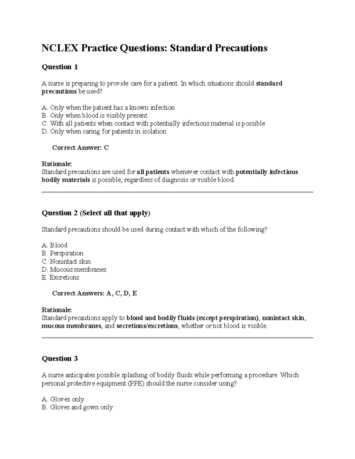 NCLEX Practice Questions: Standard Precautions Overview - Studocu