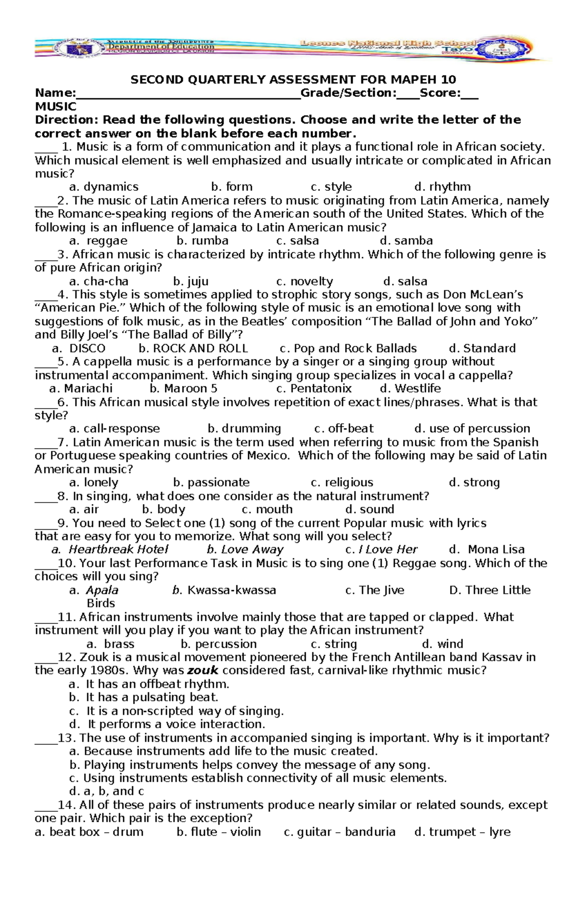 Reviewer- Mapeh 10- 2 - None - SECOND QUARTERLY ASSESSMENT FOR MAPEH 10 ...