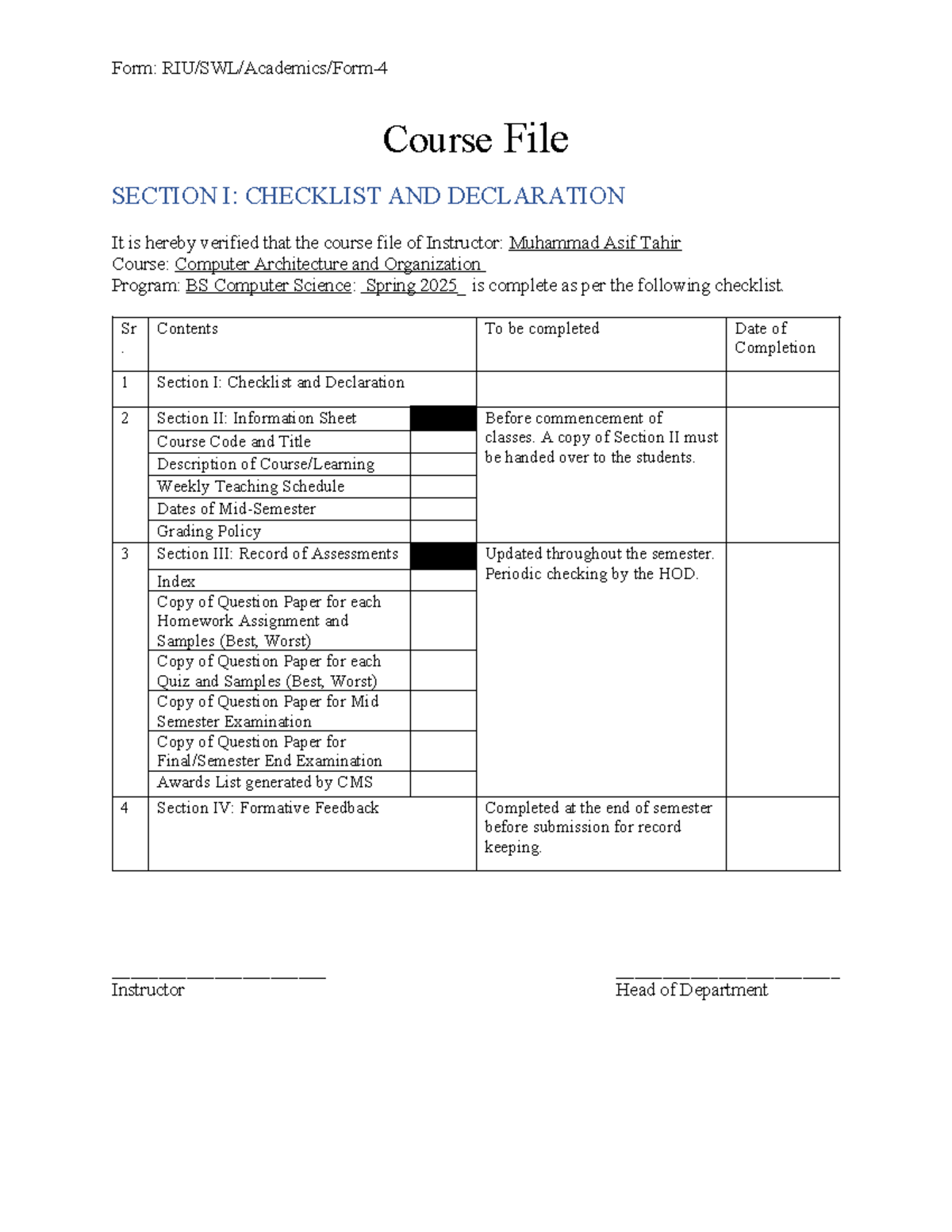 Computer Architecture Course File: Checklist & Information Sheet (CS ...