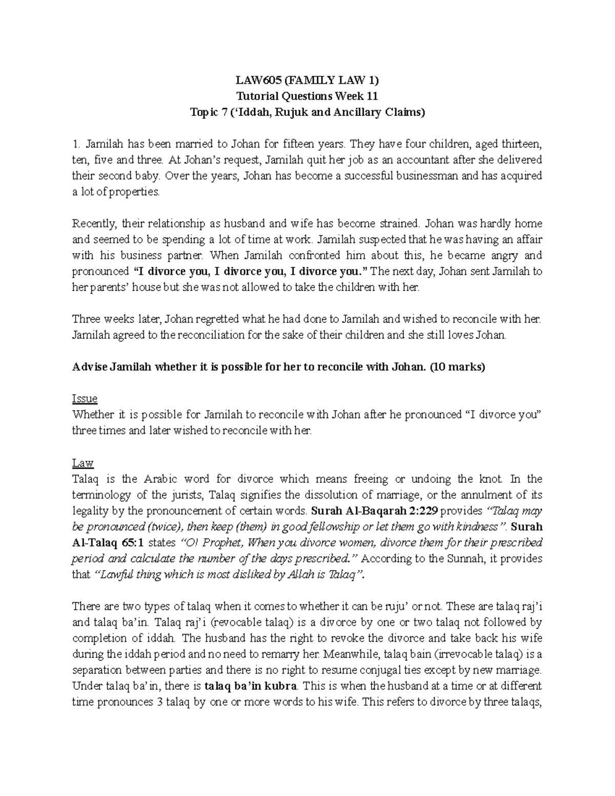 LAW605 (FAMILY LAW 1) Tutorial Questions Week 11: Divorce and ...
